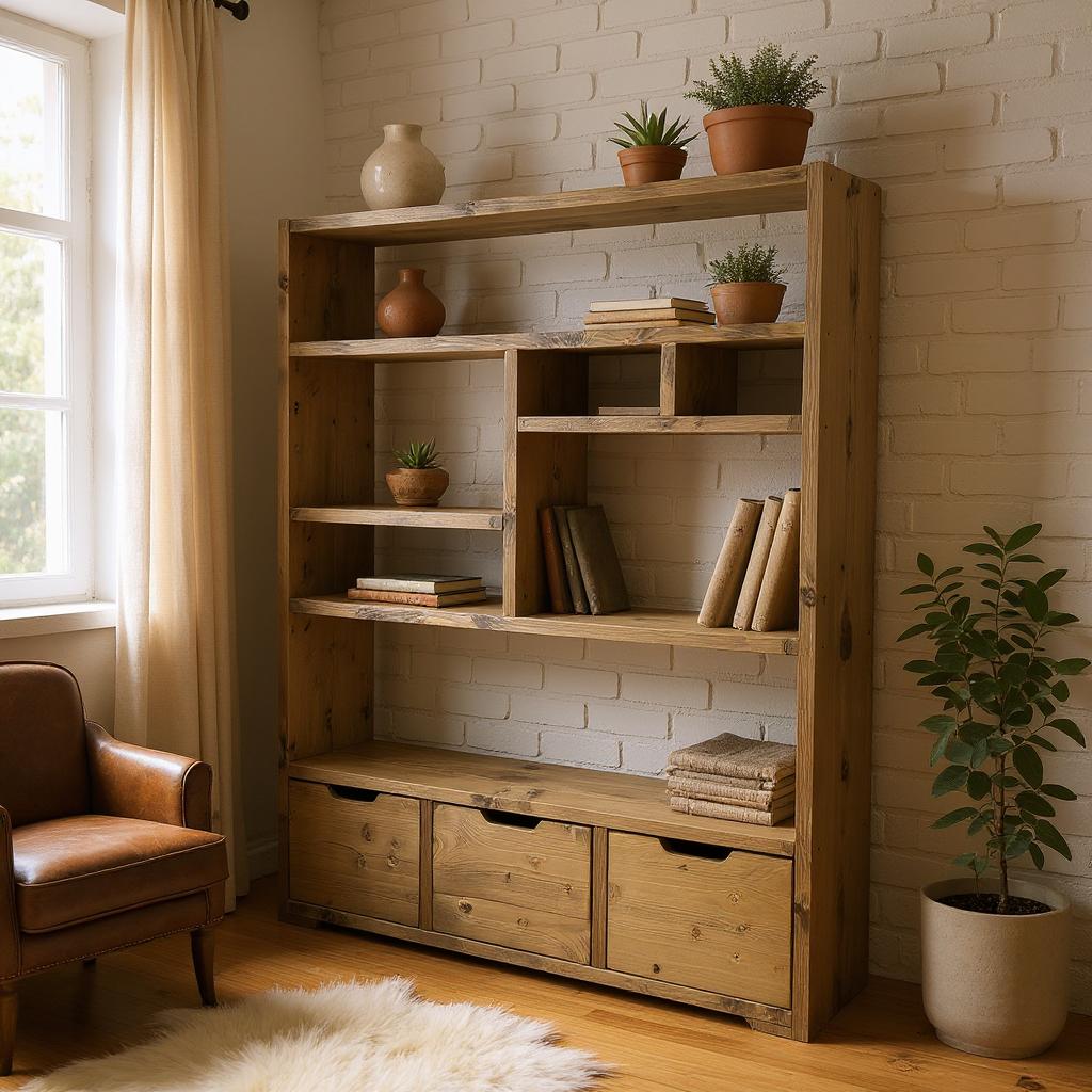 Reclaimed Wood Bookcase | Rustic Scaffold Shelving Unit | Custom 3D Op